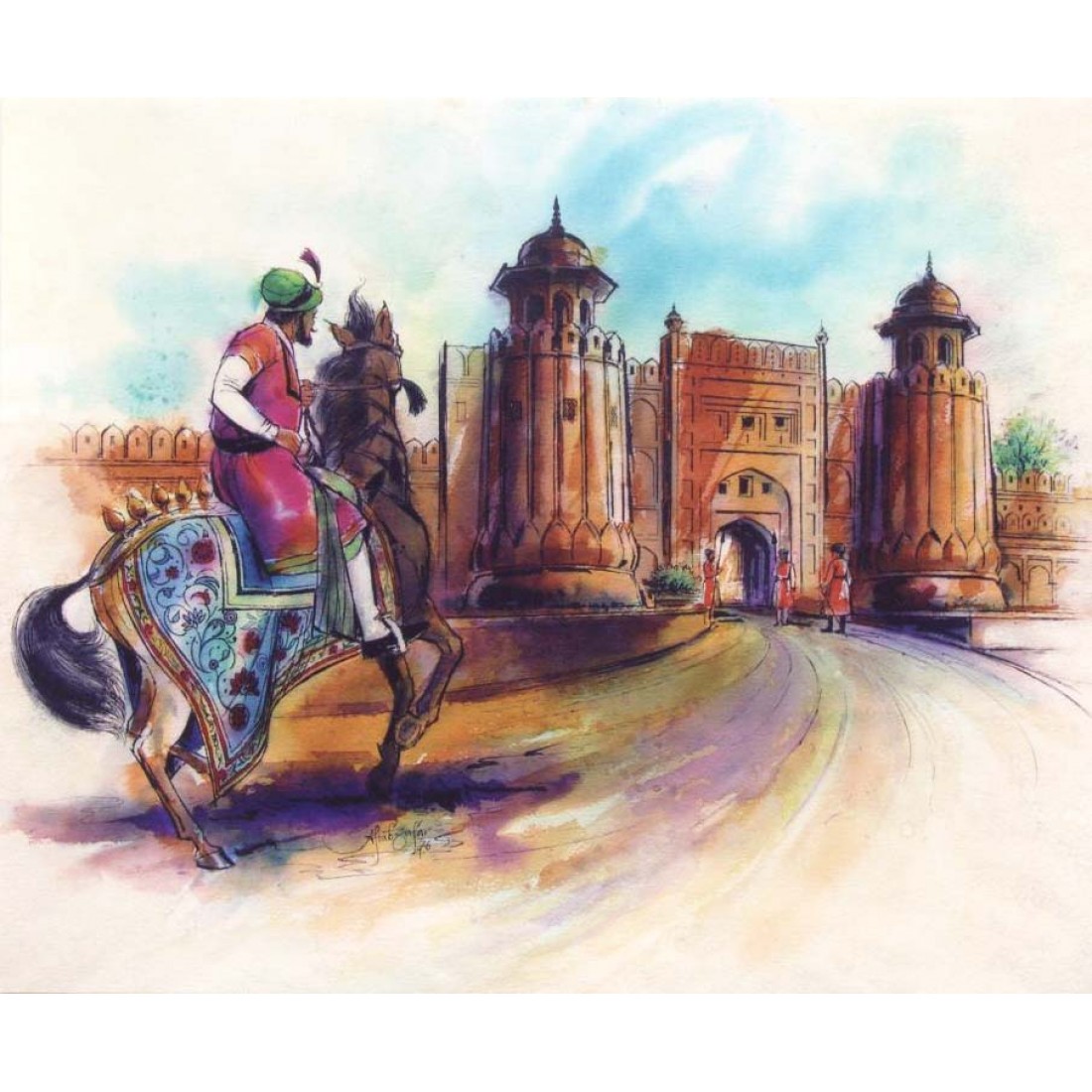 Aftab Zafar, 22 x 28 inch, Ink & watercolour, Horse Riding Painting, AC ... Aftab Zafar, 22 x 28 inch, Ink & watercolour, Horse Riding Painting, AC ...